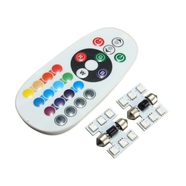 Set 2 becuri cu LED, 41mm, RGB, 12V, 1W, cu telecomanda, 196814 - eMAG.ro