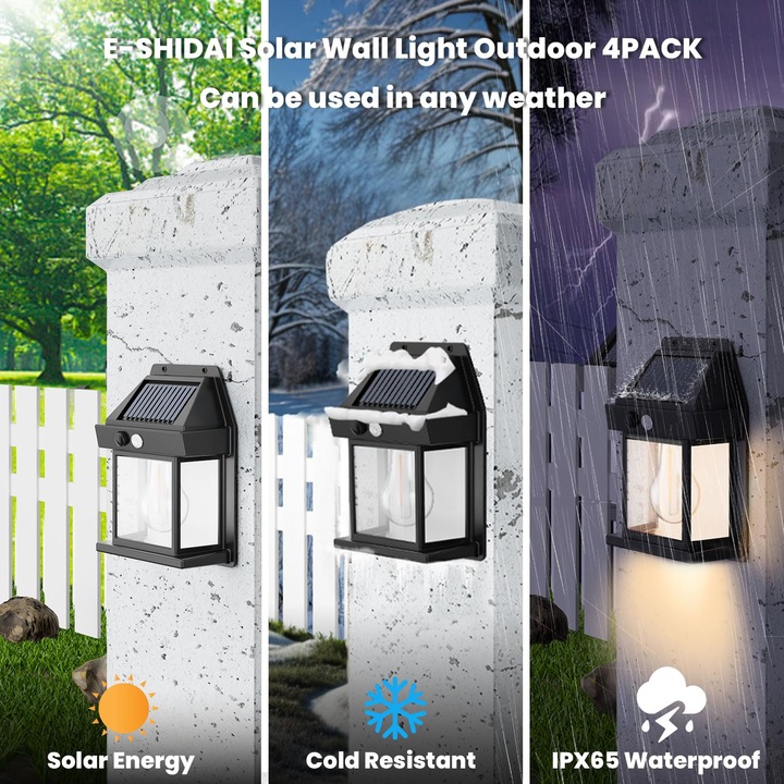 Lumini solare pentru gard, Set de 4, Senzor de miscare, 3 moduri de ...