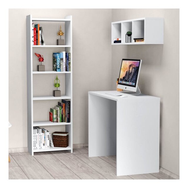 Set birou si biblioteca MOBLETO, alb, 160x90cm, Pal 18 mm - eMAG.ro