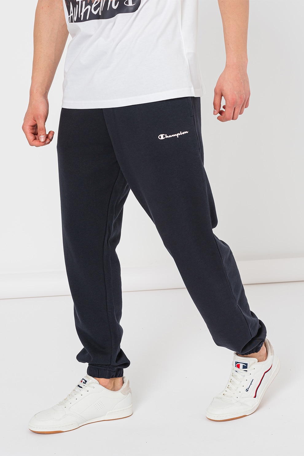 Champion, Pantaloni de trening cu model uni si detaliu logo, Albastru ...