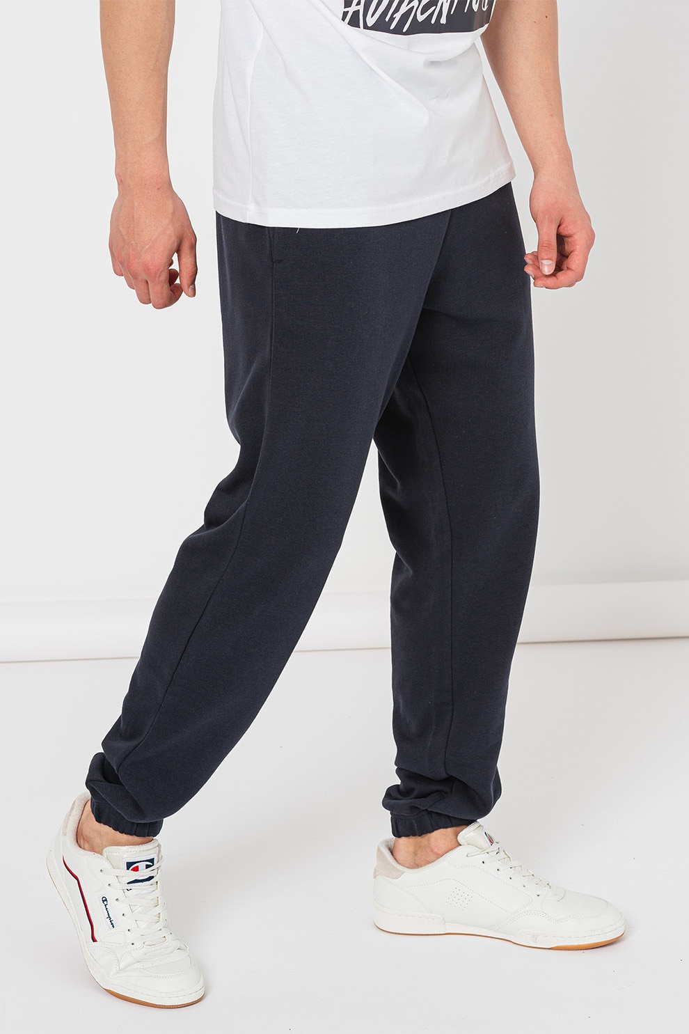 Champion, Pantaloni de trening cu model uni si detaliu logo, Albastru ...