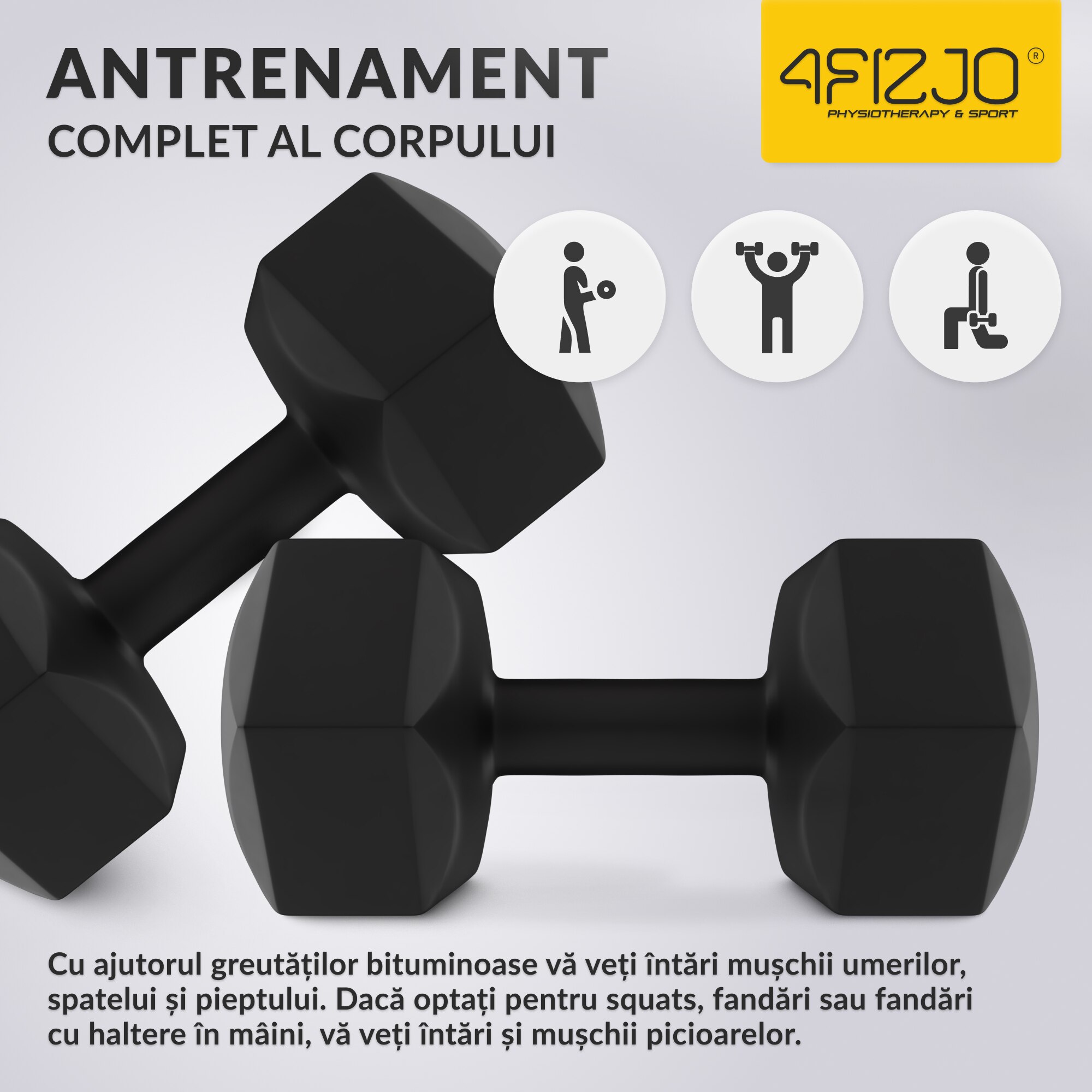 Set 2 gantere bituminoase pentru antrenament cu greutati si fitness, intarire musculara, 4FIZJO ...