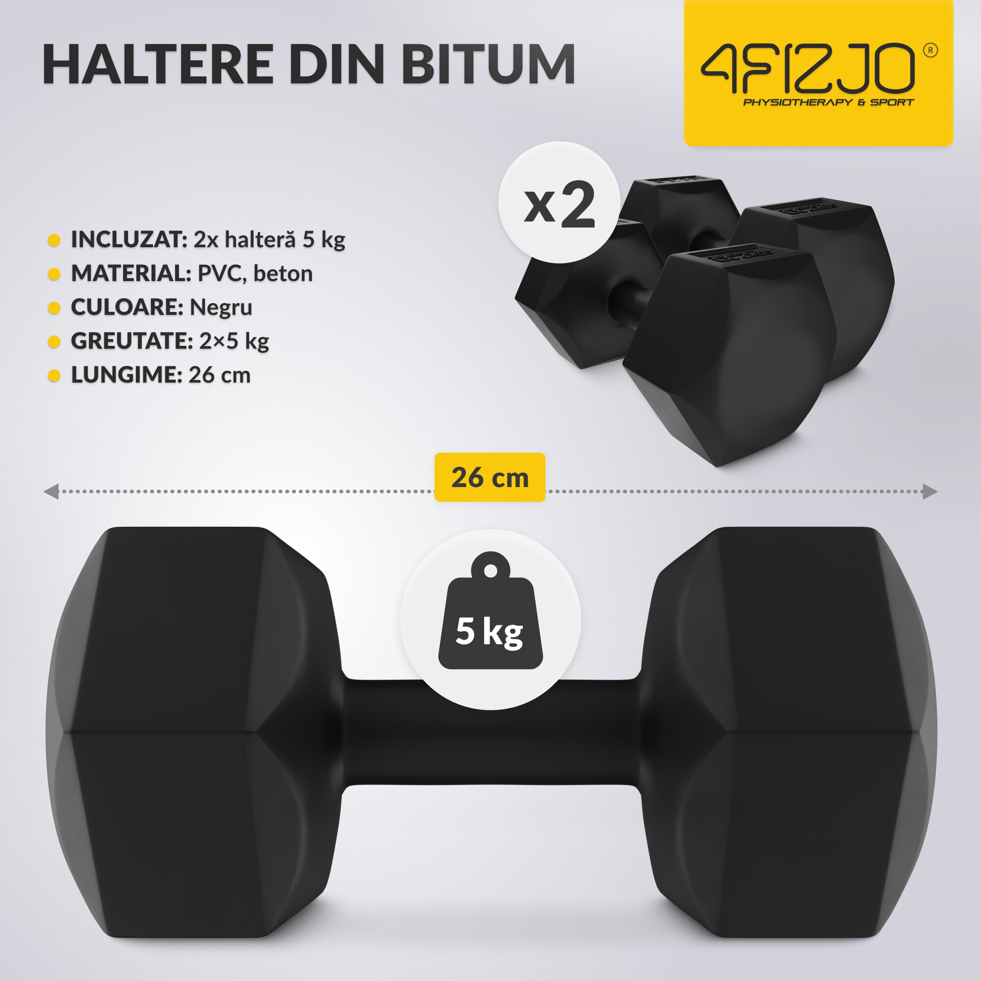 Set 2 gantere bituminoase pentru antrenament cu greutati si fitness, intarire musculara, 4FIZJO ...