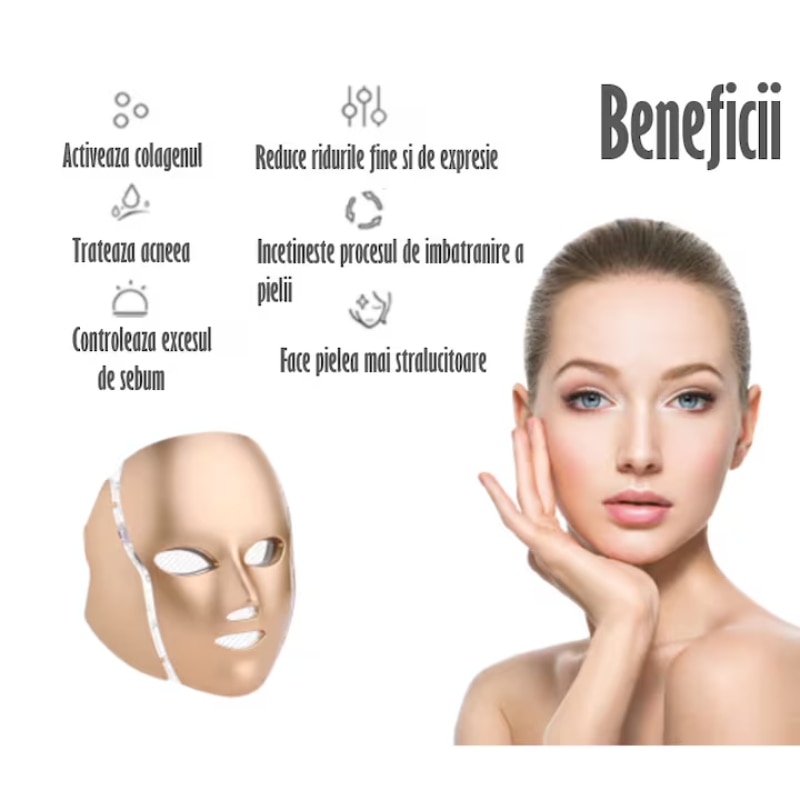 Masca pentru fata si gat, de Infrumusetare, cu 192 LED-uri si 7 Moduri ...