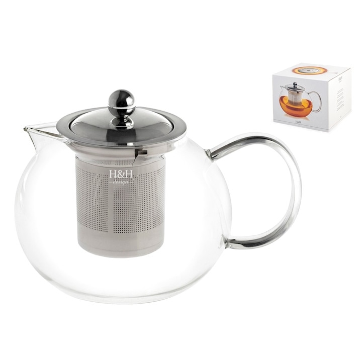 Ceainic cu infuzor, H&H, sticla borosilicata si inox, 1 L - eMAG.ro