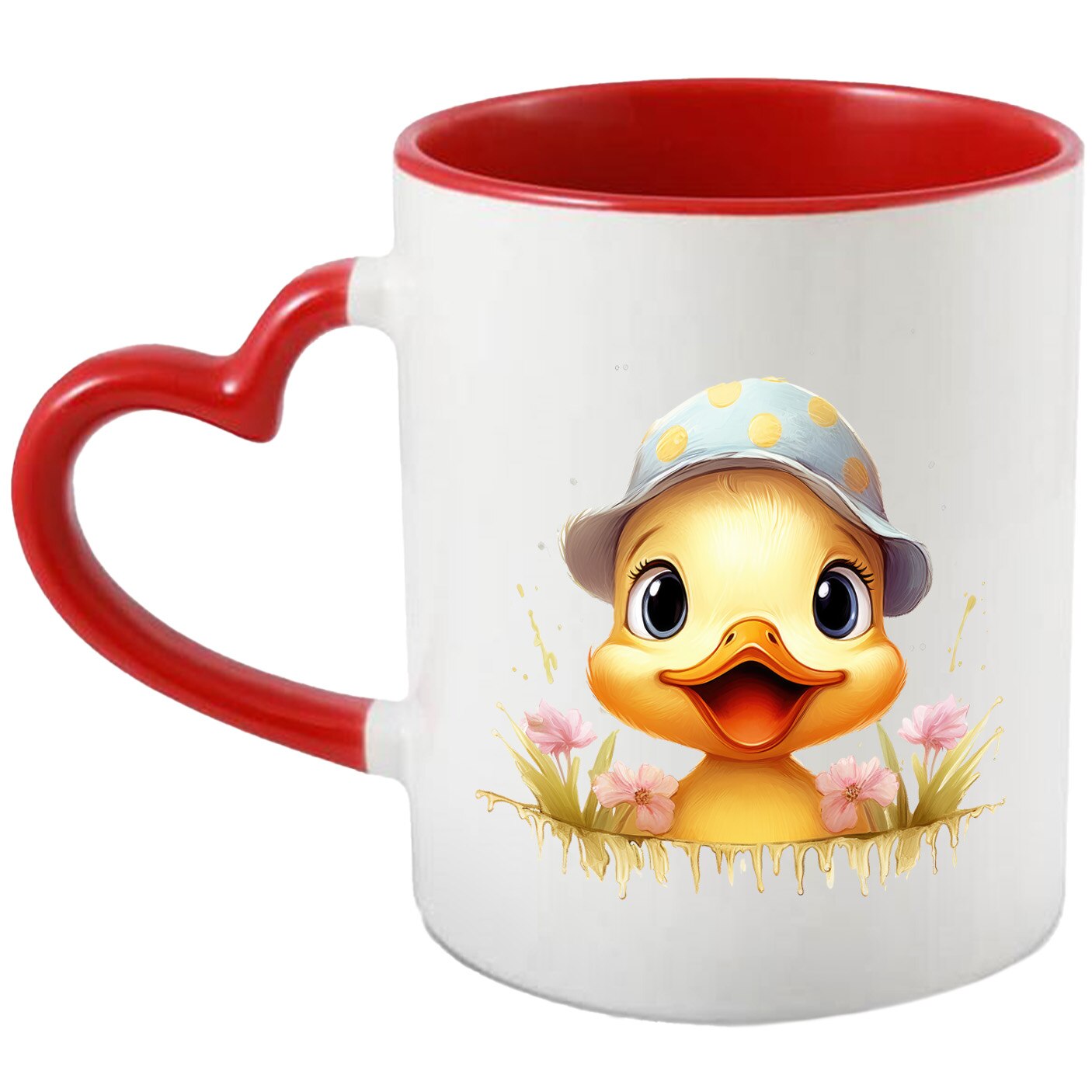 Cana cu o ratusca vesela, ilustratie, palarie, floricele, roz, galbena ...