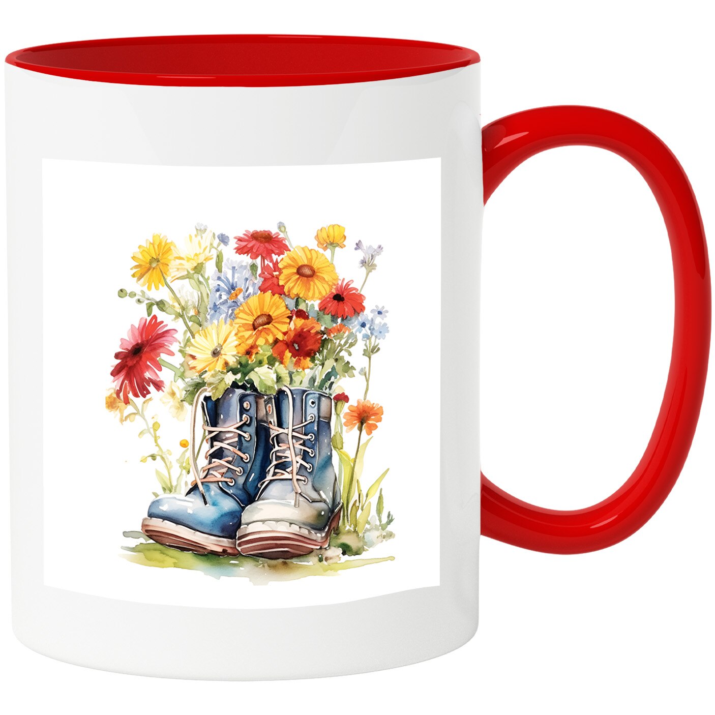 Cana cu niste incaltari in care sunt flori, pe post de ghiveci ...