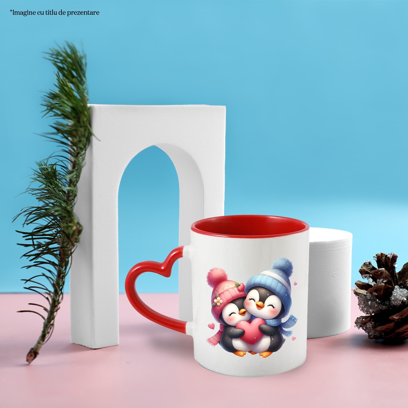 Cana cu 2 pinguini care se imbratiseaza si tin o inima, ilustratie ...