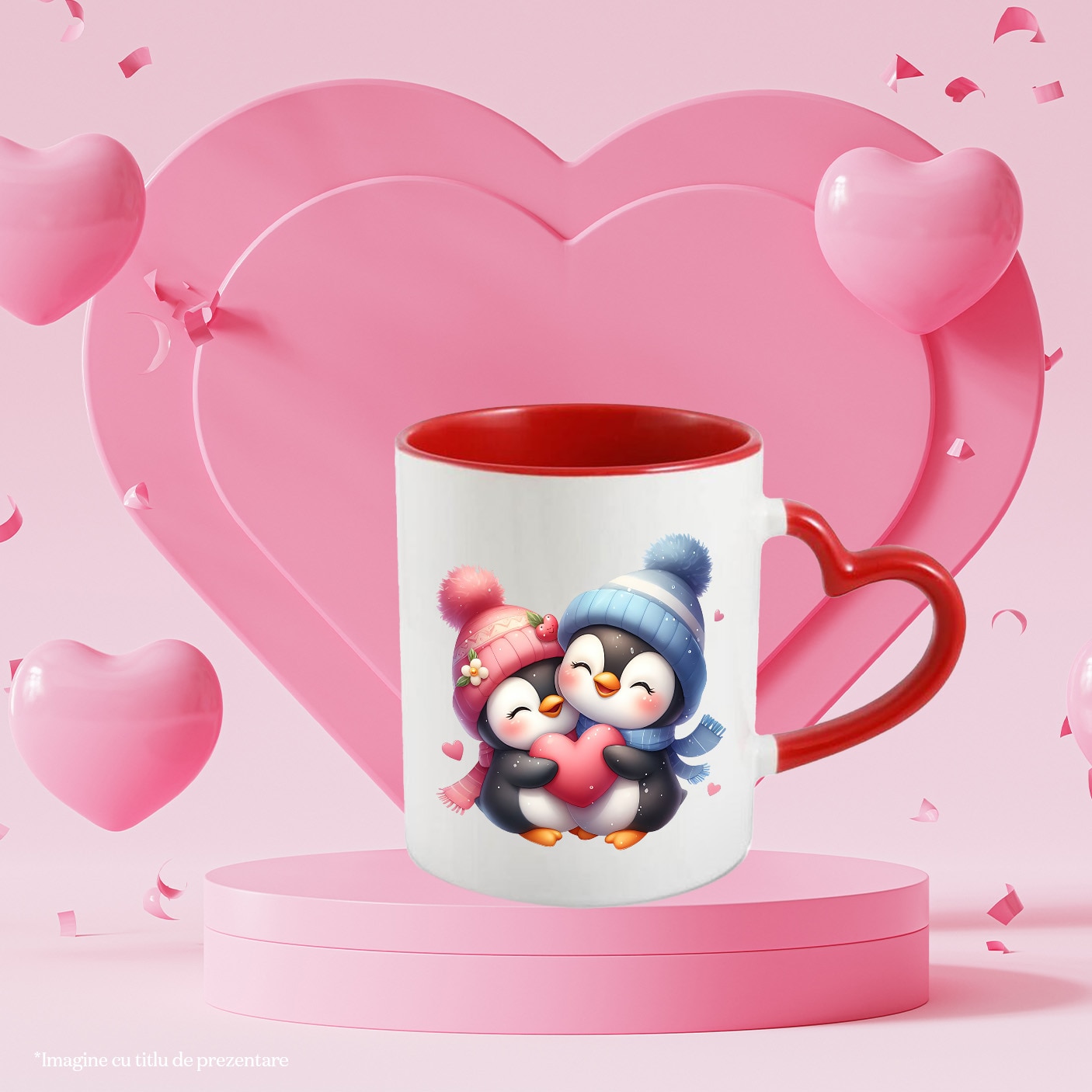 Cana cu 2 pinguini care se imbratiseaza si tin o inima, ilustratie ...