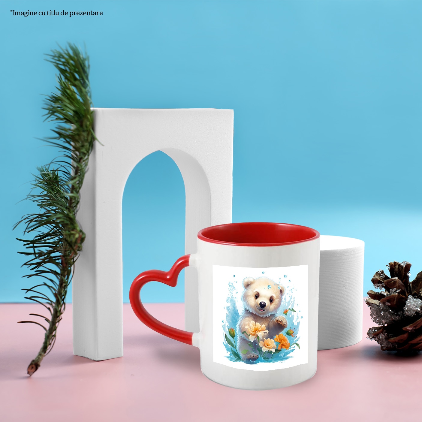 Cana cu un urs polar care se joaca, pentru copii, ilustratie, flori ...