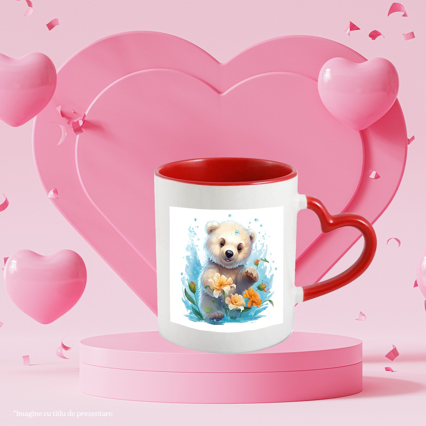 Cana cu un urs polar care se joaca, pentru copii, ilustratie, flori ...