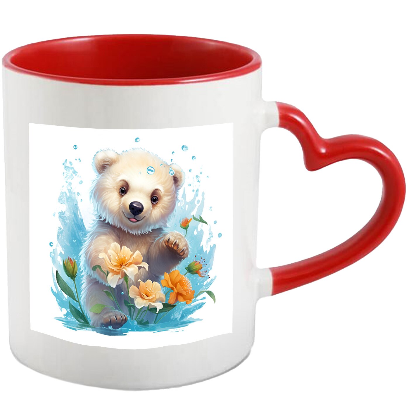 Cana cu un urs polar care se joaca, pentru copii, ilustratie, flori ...