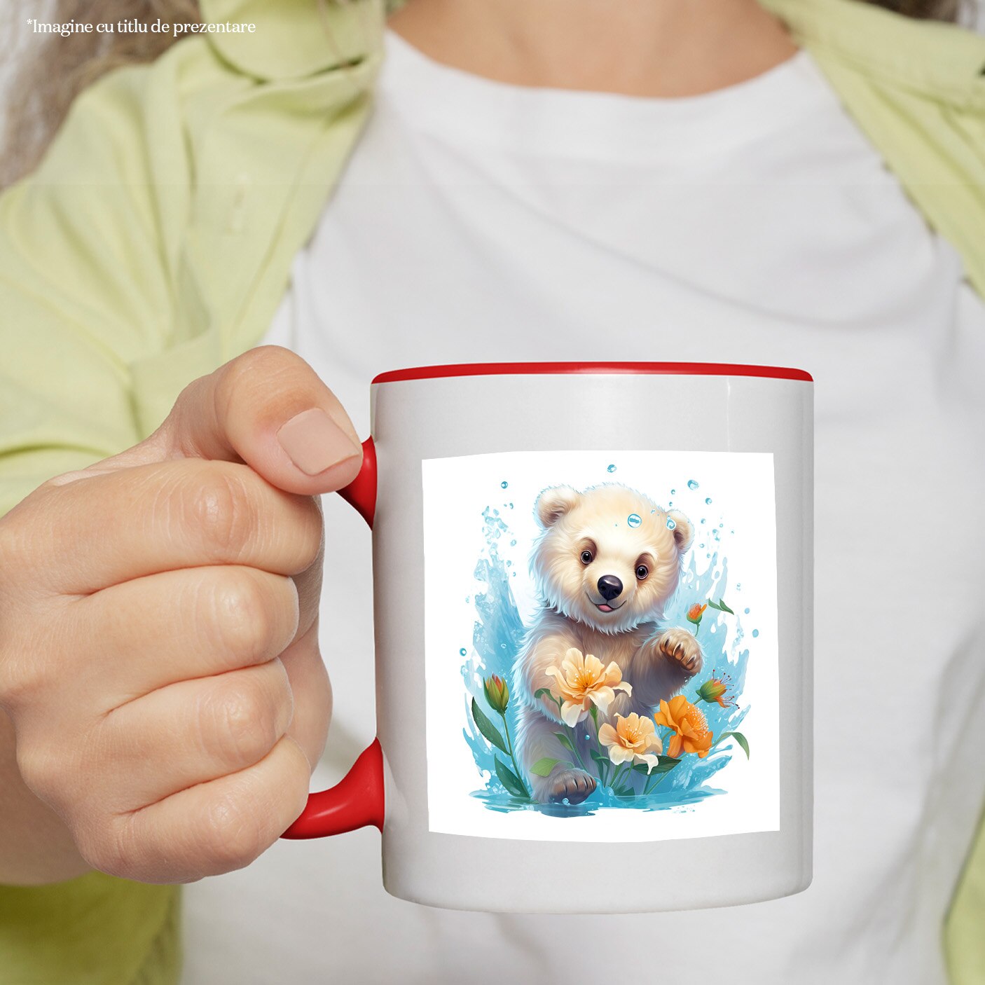 Cana cu un urs polar care se joaca, pentru copii, ilustratie, flori ...