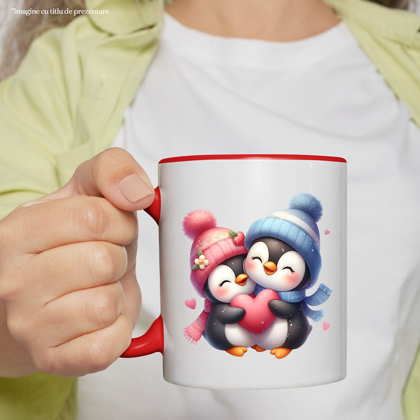 Cana cu 2 pinguini care se imbratiseaza si tin o inima, ilustratie ...