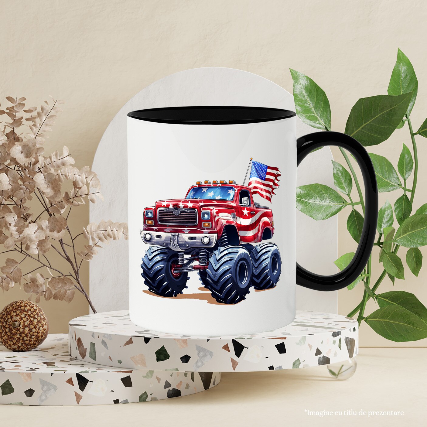 Cana cu un monster truck, ilustratie, camion monstru, steagul Americii ...