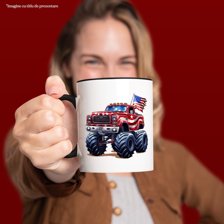 Cana cu un monster truck, ilustratie, camion monstru, steagul Americii ...