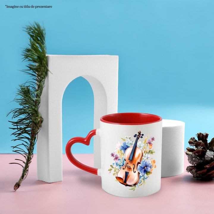 Cana cu o vioara, ilustratie, sta pe o "patura" din flori, plante ...