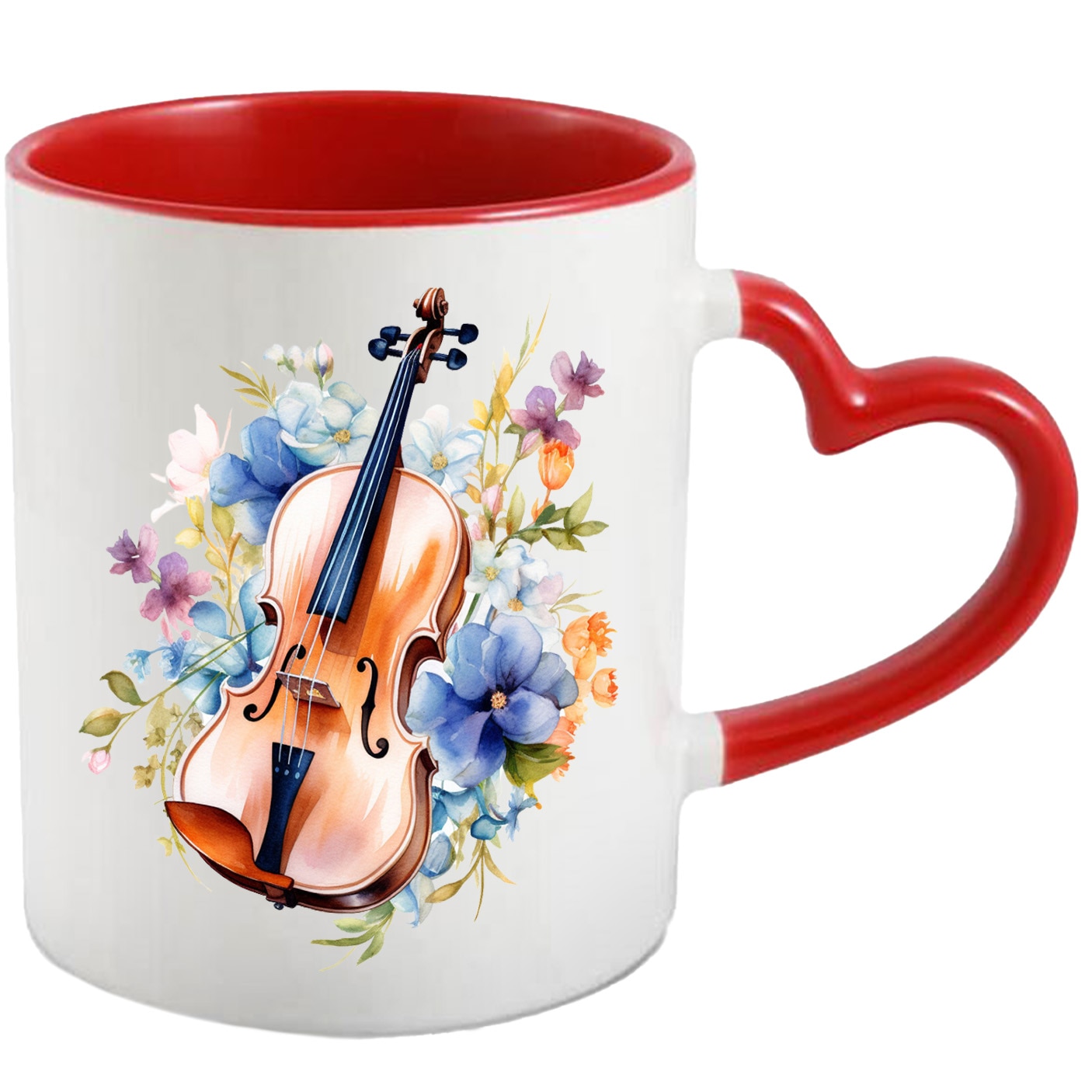 Cana cu o vioara, ilustratie, sta pe o "patura" din flori, plante ...