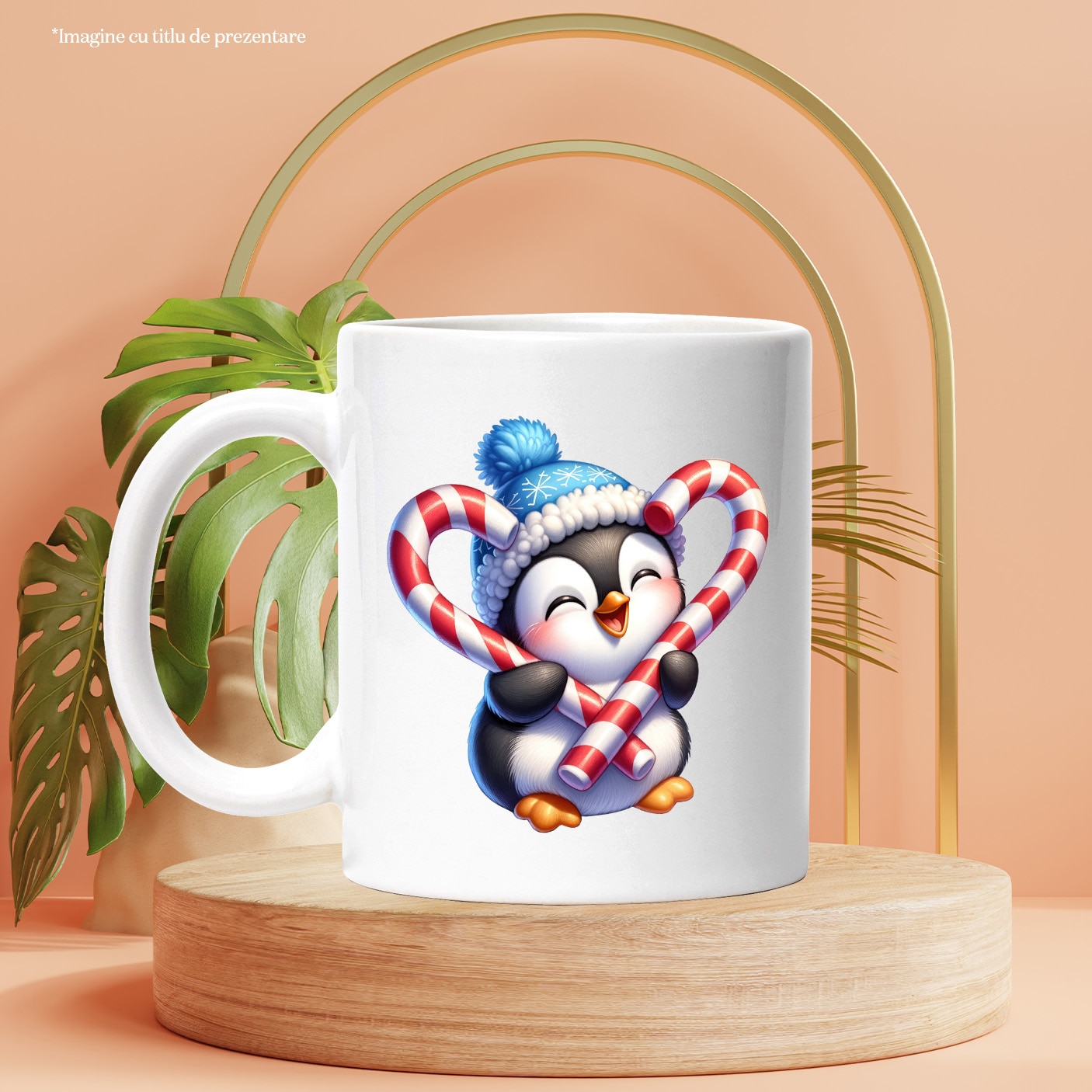 Cana cu un pui de pinguin care tine 2 acadele, ilustratie, dulciuri ...