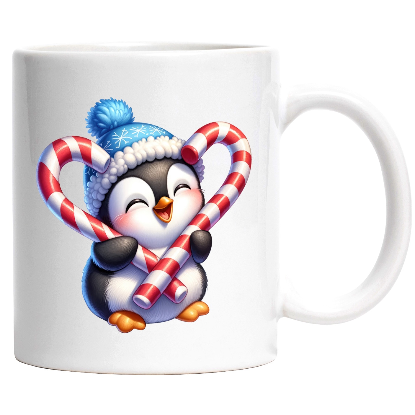 Cana cu un pui de pinguin care tine 2 acadele, ilustratie, dulciuri ...