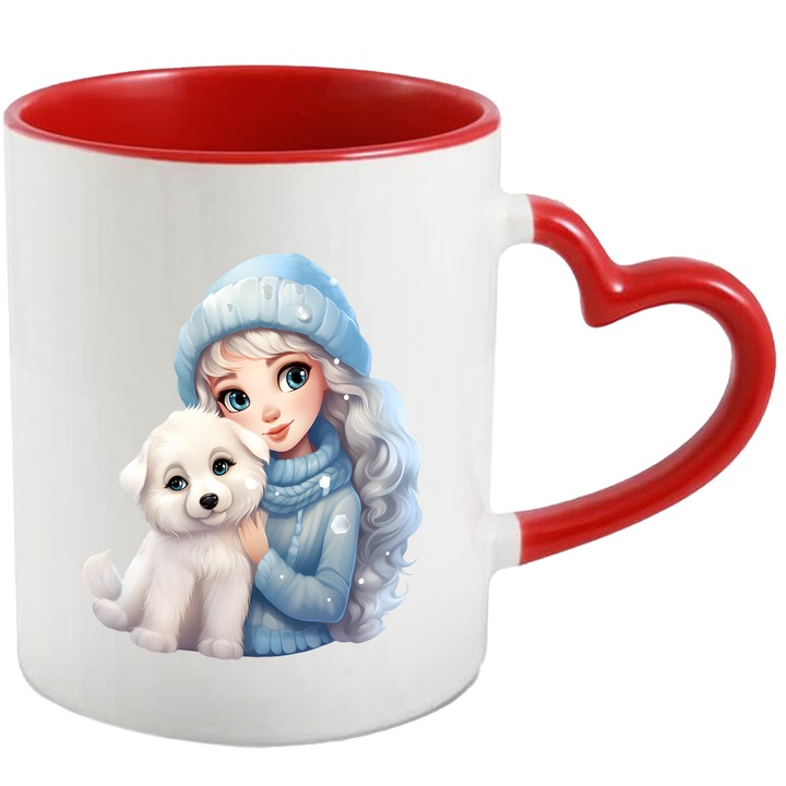 Cana cu o fata draguta cu parul alb, fes, imbracata gros, ninge, are un ...