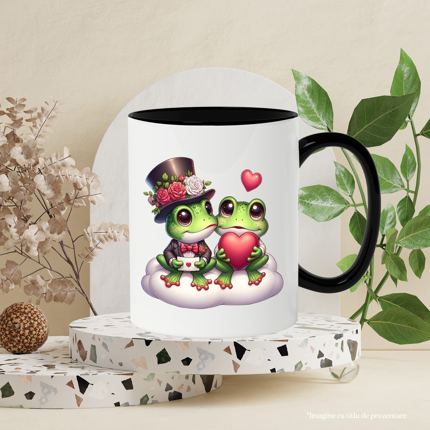 Cana cu 2 broaste, ilustratie, stau pe un norisor, palarie, flori ...