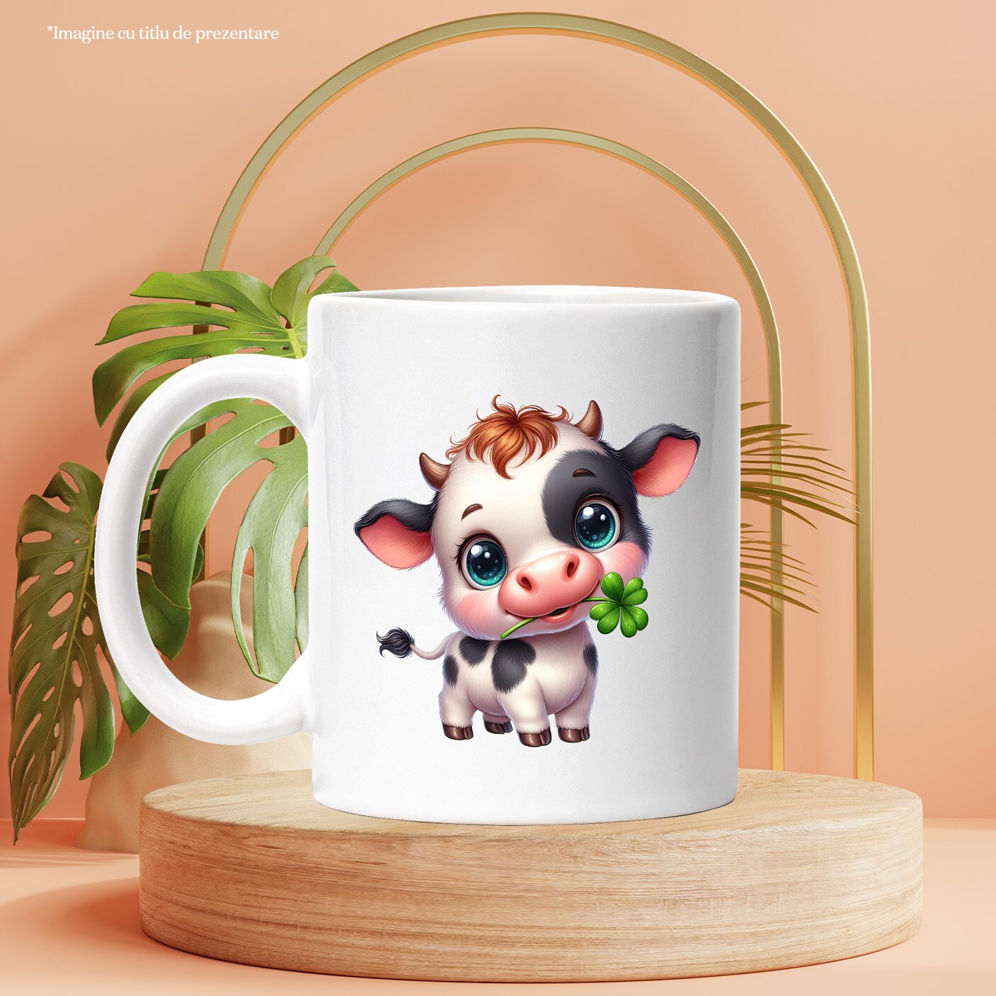 Cana cu o vacuta vesela, ilustratie, ochi verzi, trifoi cu patru foi ...