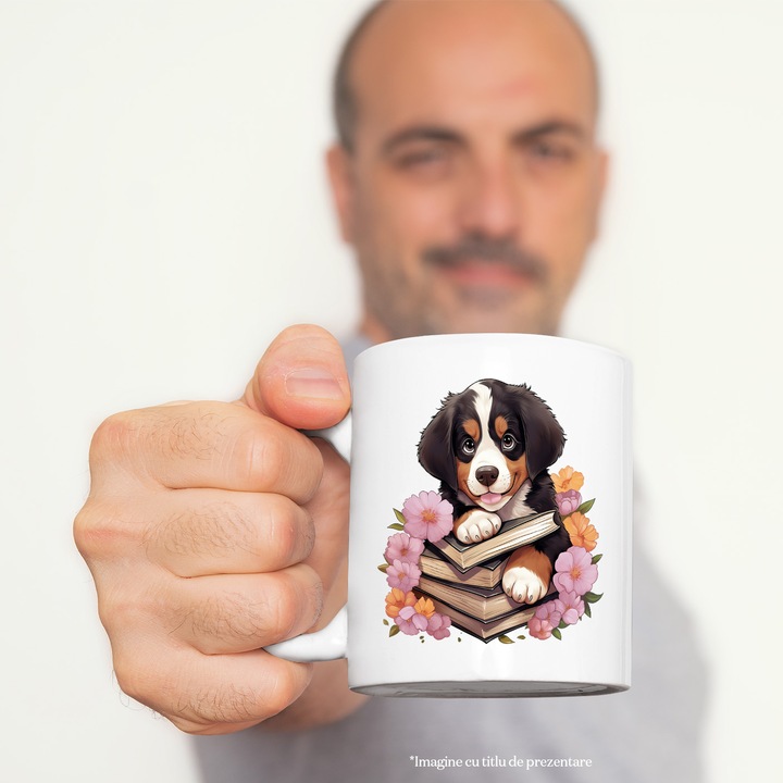 Cana cu un catelus care are un teanc cu carti in fata, ilustratie ... Cana cu un catelus care are un teanc cu carti in fata, ilustratie ...
