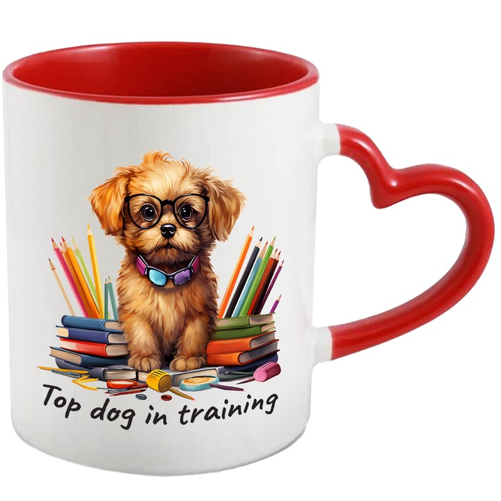 Cana cu un catel cu ochelari, ilustratie, mesajul "Top dog in training ...