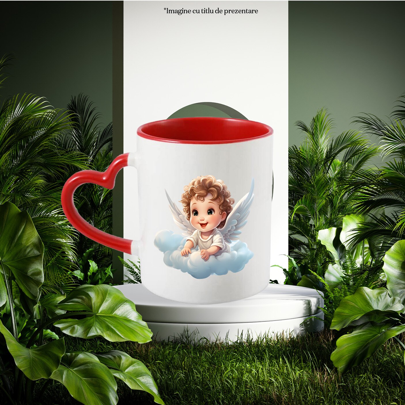 Cana cu un baietel cu aripi de ingeras, ilustratie, vesminte albe, sta ...