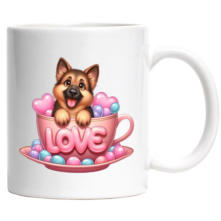 Cana cu un catel lup care sta intr-o ceasca, ilustratie, mesajul "Love ...