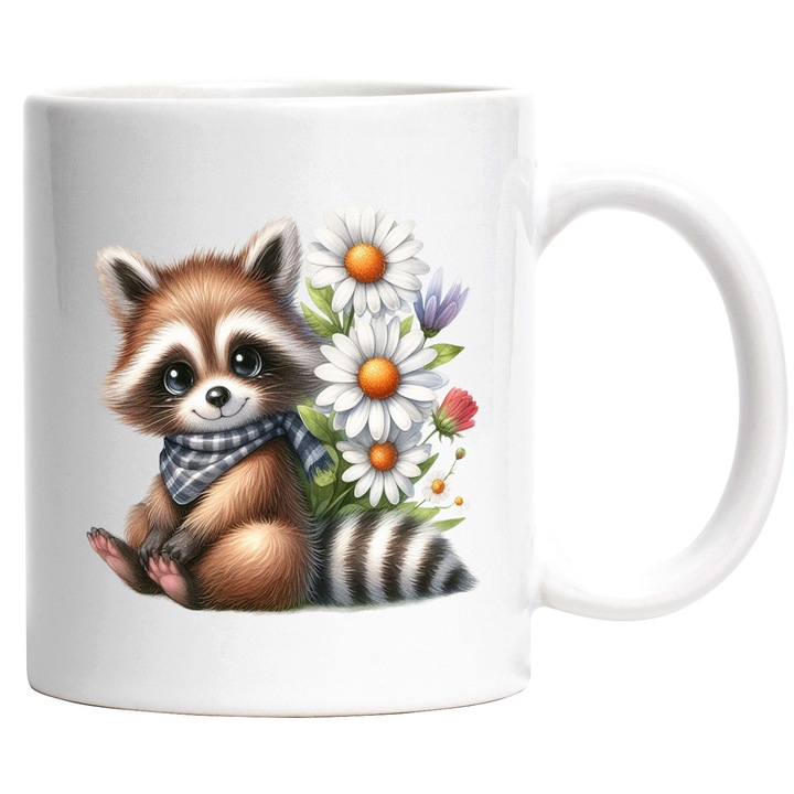 Cana cu un raton vesel in natura, ilustratie, fericire, floricele albe ...