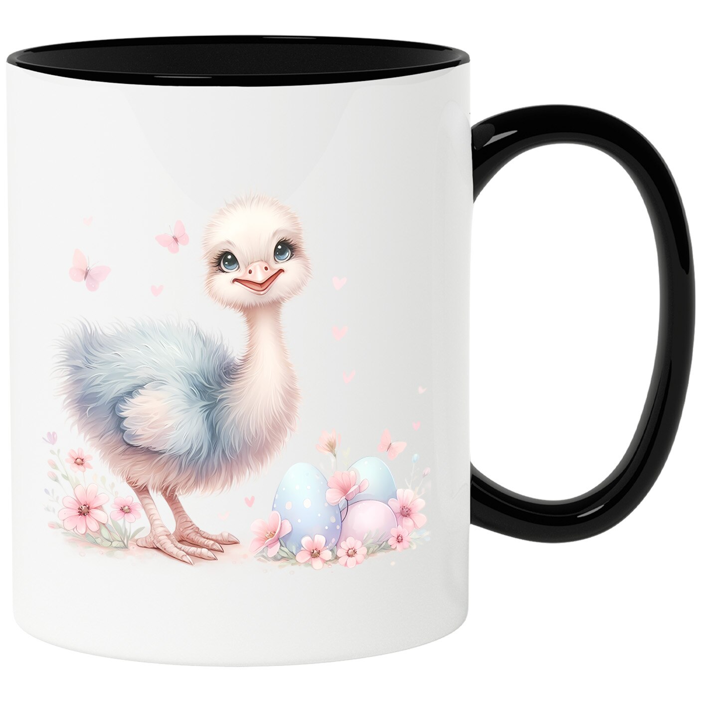 Cana cu un pui de strut, ilustratie, veselie, inimioare, fluturasi, oua ...