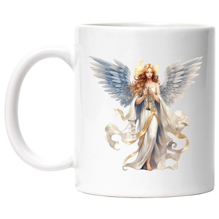 Cana cu o femeie cu aripi de inger, tine o trompeta, ilustratie, rochie ...