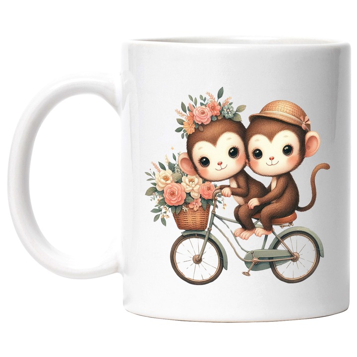 Cana cu 2 maimute care se plimba cu bicicleta, ilustratie, cos cu flori ...