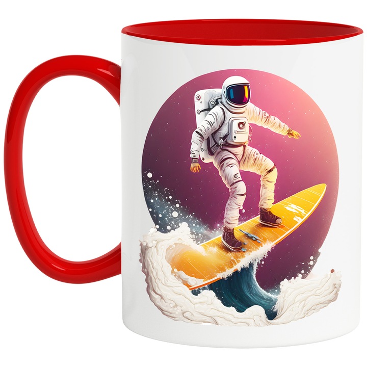 Cana cu un astronaut care se da cu o placa de surf, apa, valuri, cerc ...