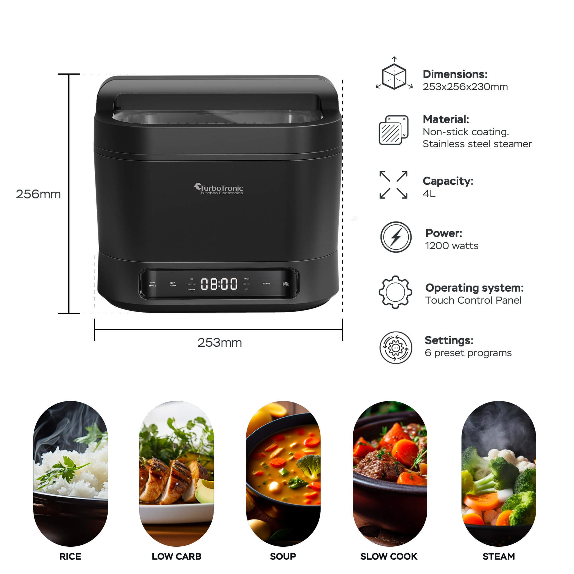 Multicooker Profesional TurboTronic TT-DMC20, 1200W, 4 L, 6 Programe ...