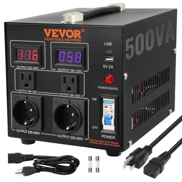 Convertor de Tensiune, 500W, 500VA Conversie de la 110V la 220V si de la 220V la 110V, 4 Mufe de ...