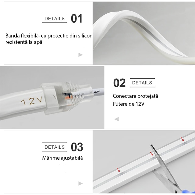 Banda LED Neon Flexibila Waterproof, Lumina Galbena, 120 Leduri/Metru ...
