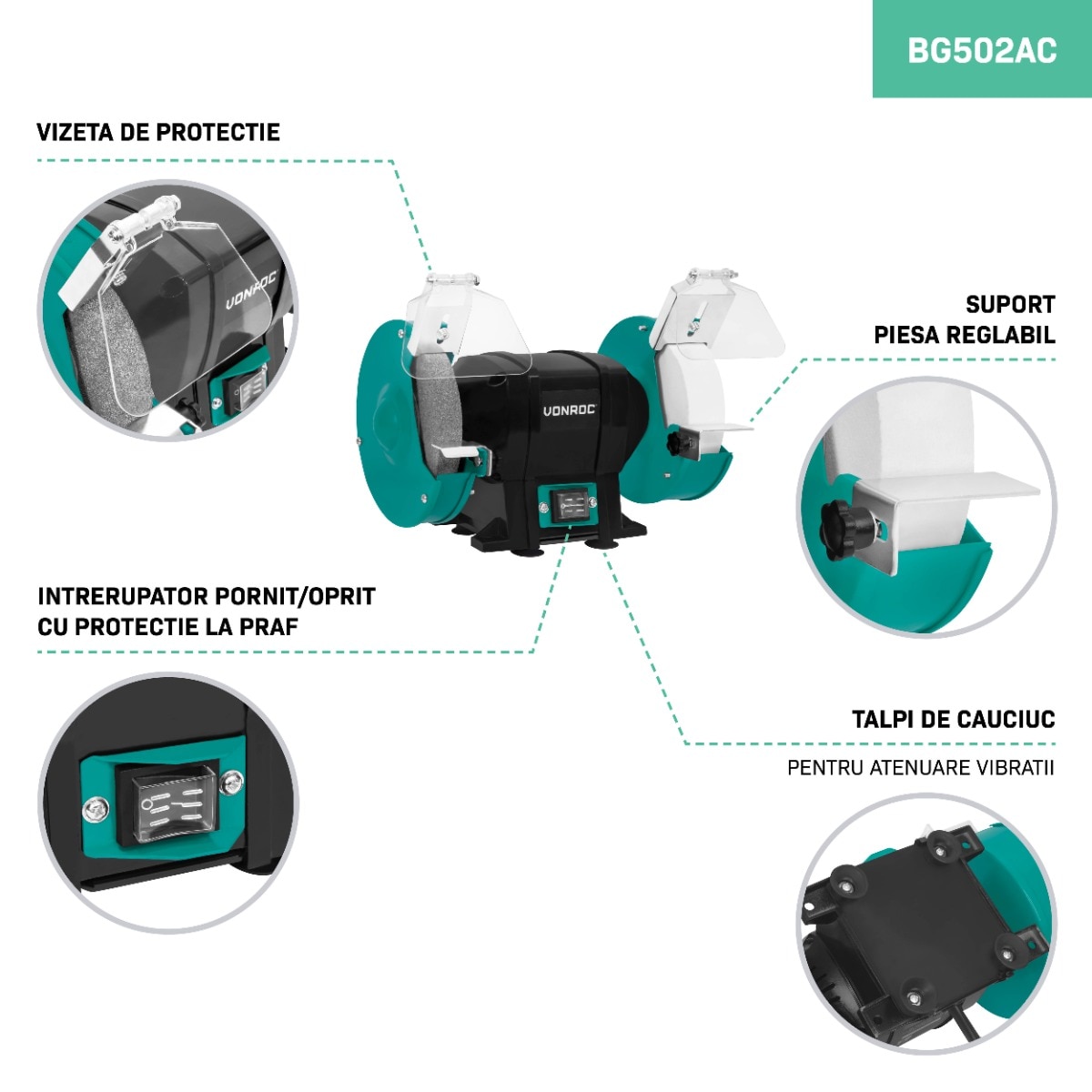 Настолна шлайф машина VONROC, BG502AC, 250W, 150мм - eMAG.bg