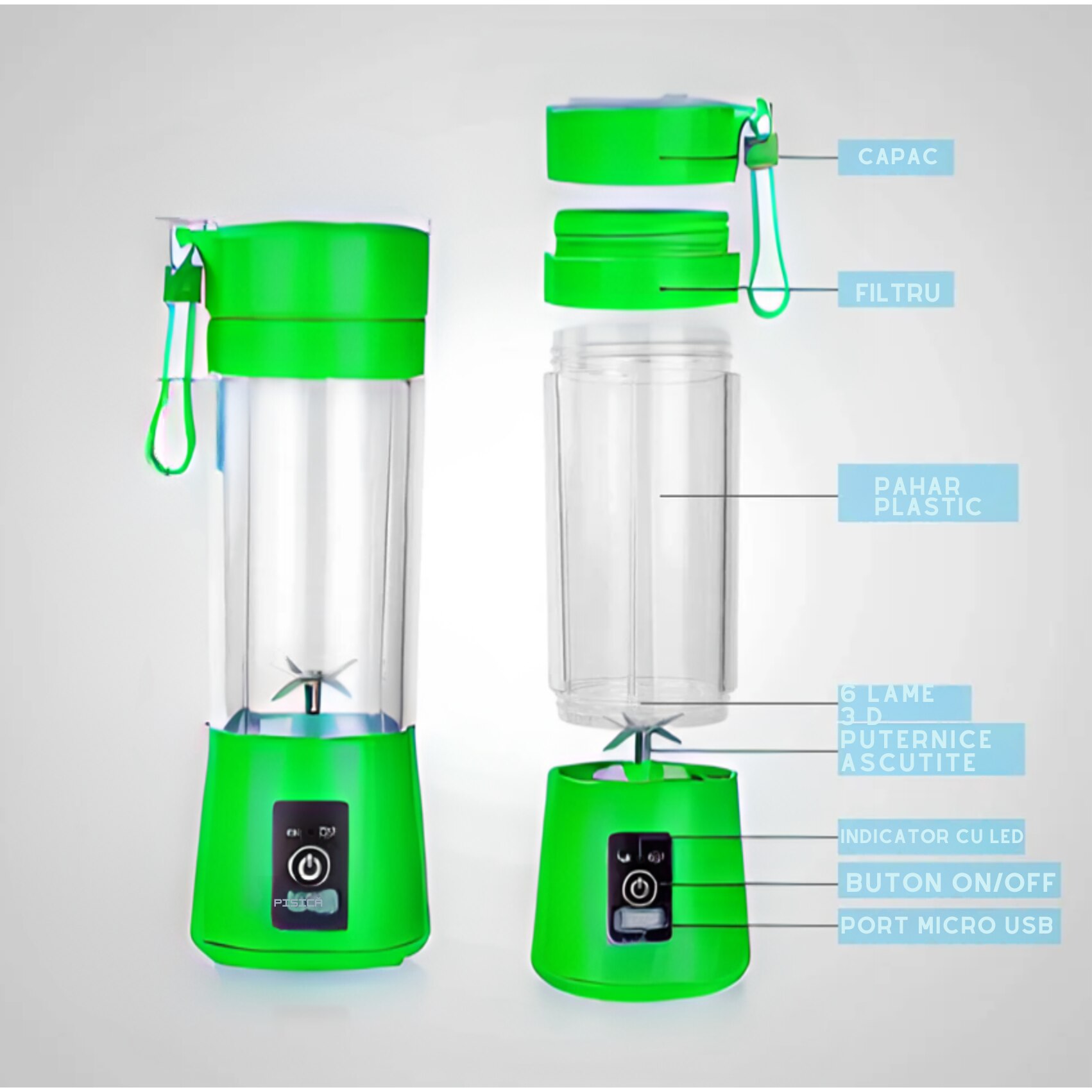 Blender portabil electric, DIMI®, Autonomie mare, Capacitate 380 ml, 6 Lame 3D, Putere 15000 RPM ...