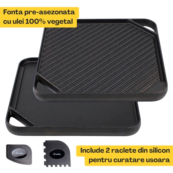 Tigaie Grill patrata din fonta pre-asezonata, Crucible Cookware, cu 2 ...