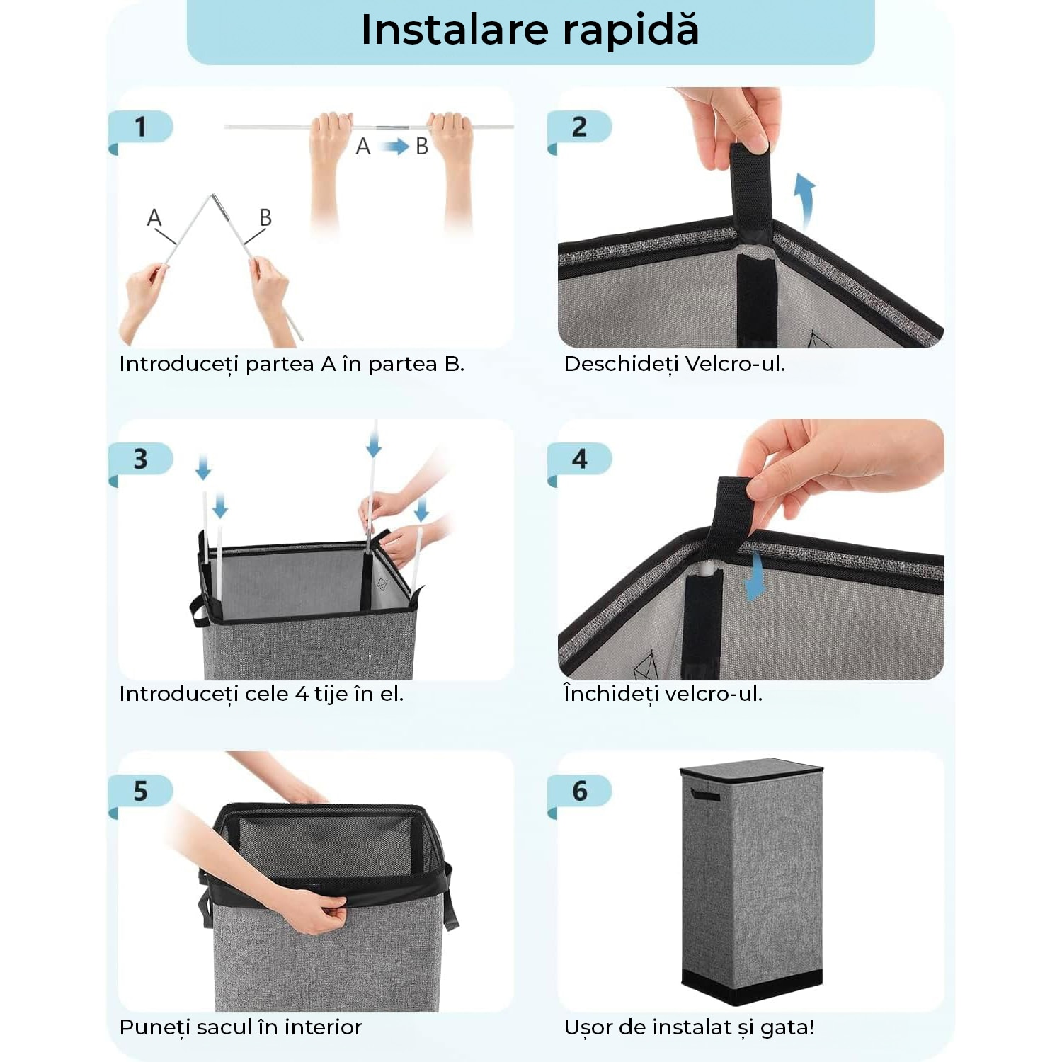 Cos de rufe, pliabil, cu capac si sac de rufe detasabil, 100 L, cu ...