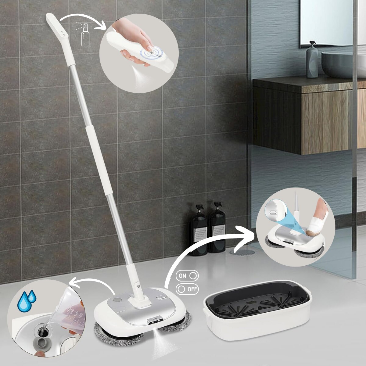 Mop electric cu jet de apa si laveta microfibra de curatare, fara fir ...
