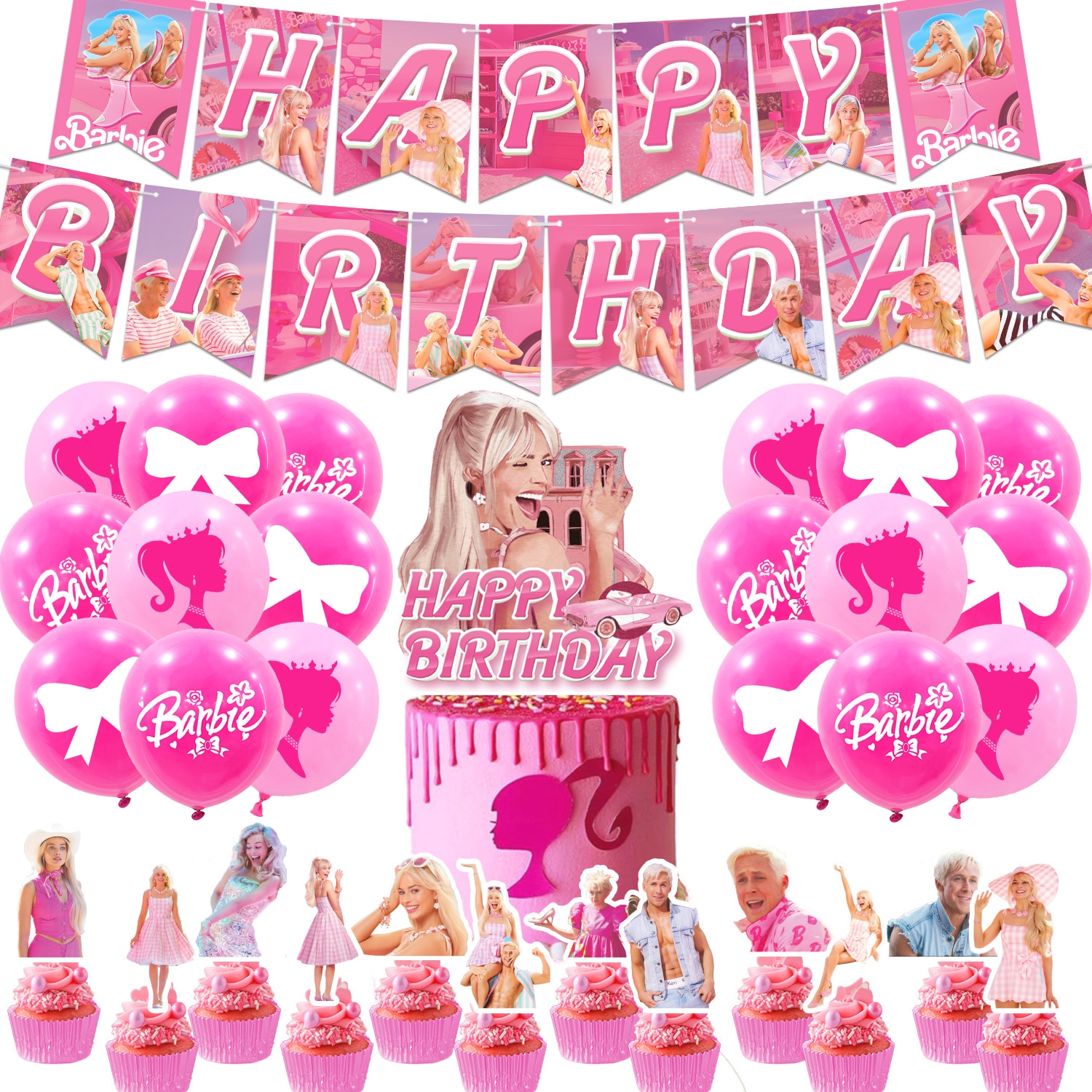 Set 18 baloane copii, Barbie, Petrecere Aniversara, Latex, 1 Banner La ...