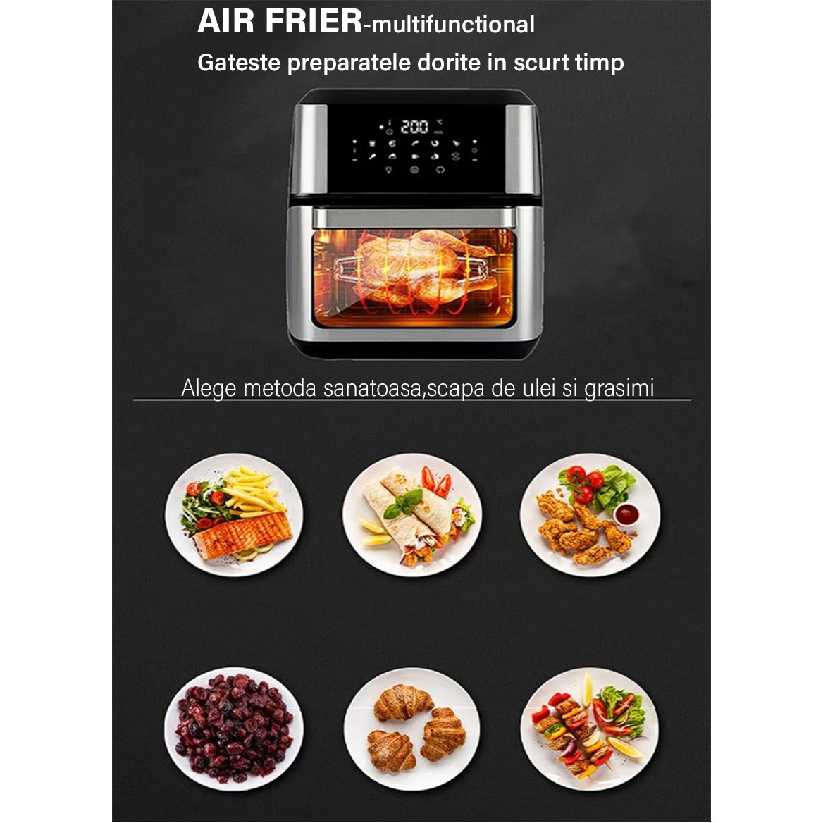 Friteuza cu aer cald, Air Fryer fara ulei cu temperatura ajustabila, 10 ...