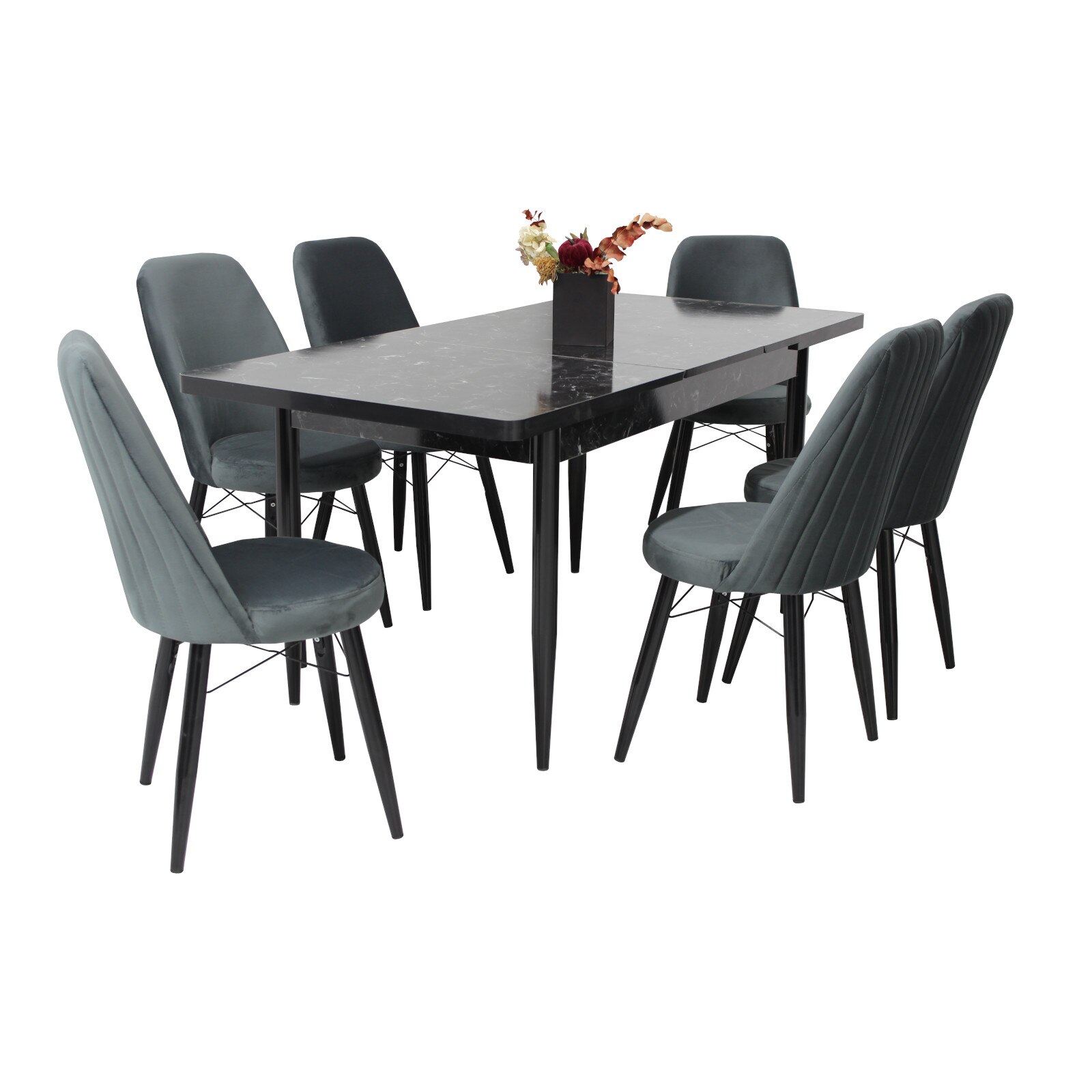 Set masa extensibila Aris Negru marmorat cu 6 scaune Minerva, blat din ...