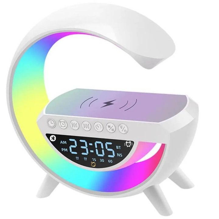 Lampa de veghe LED cu Radio, Ceas si Alarma, Lumini colorate, Boxa cu ...