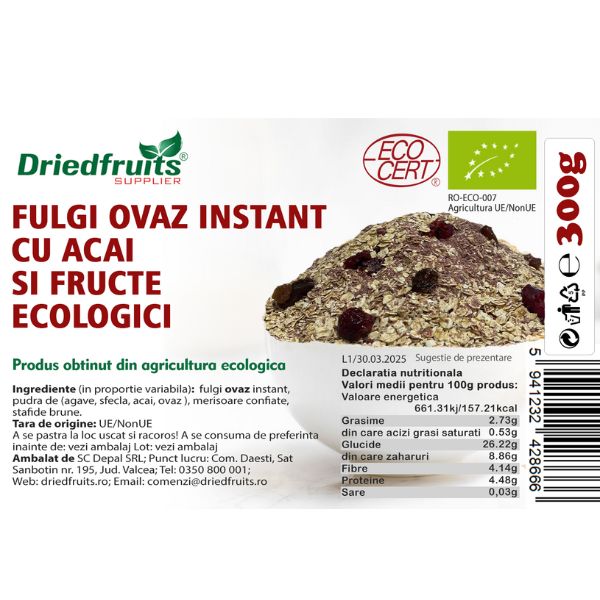 Porridge (Fulgi de ovaz instant) cu acai si fructe BIO - 300 g - eMAG.ro
