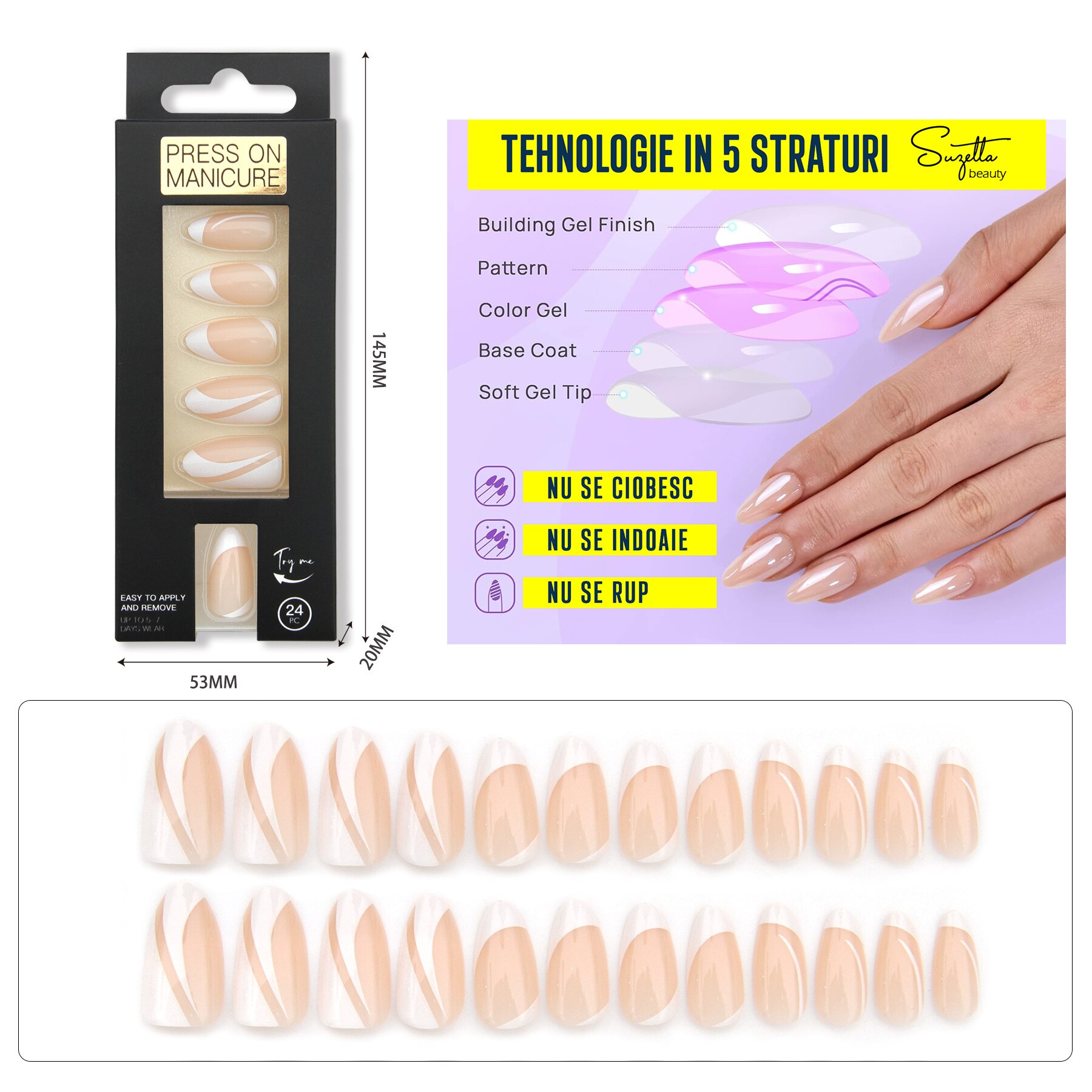 Unghii false autoadezive, Press-On Gel, Migdala, 24 unghii false cu ...